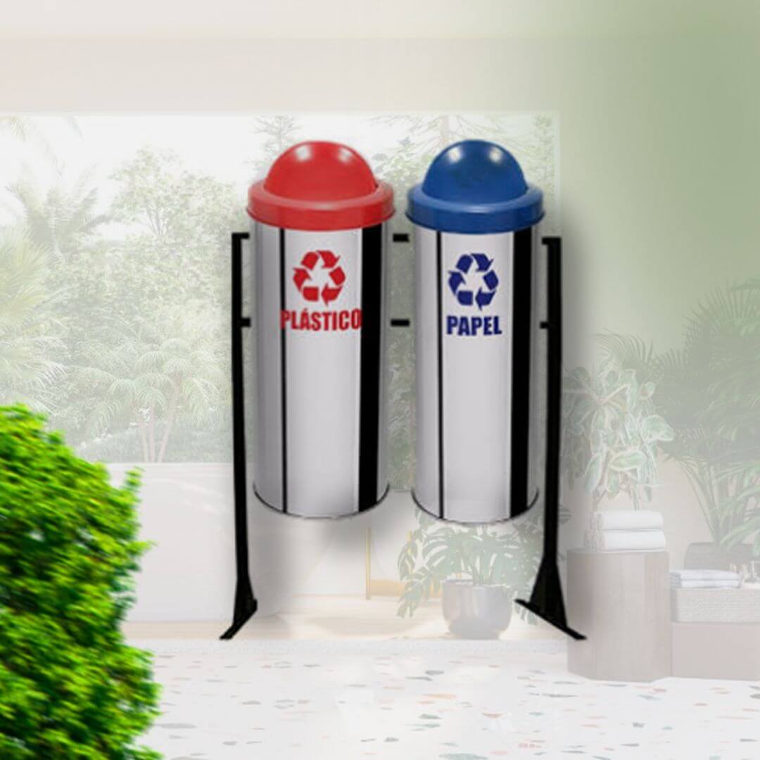 Conjunto 2 Lixeiras Aço Inox Coleta Seletiva com Suporte - Ecobin