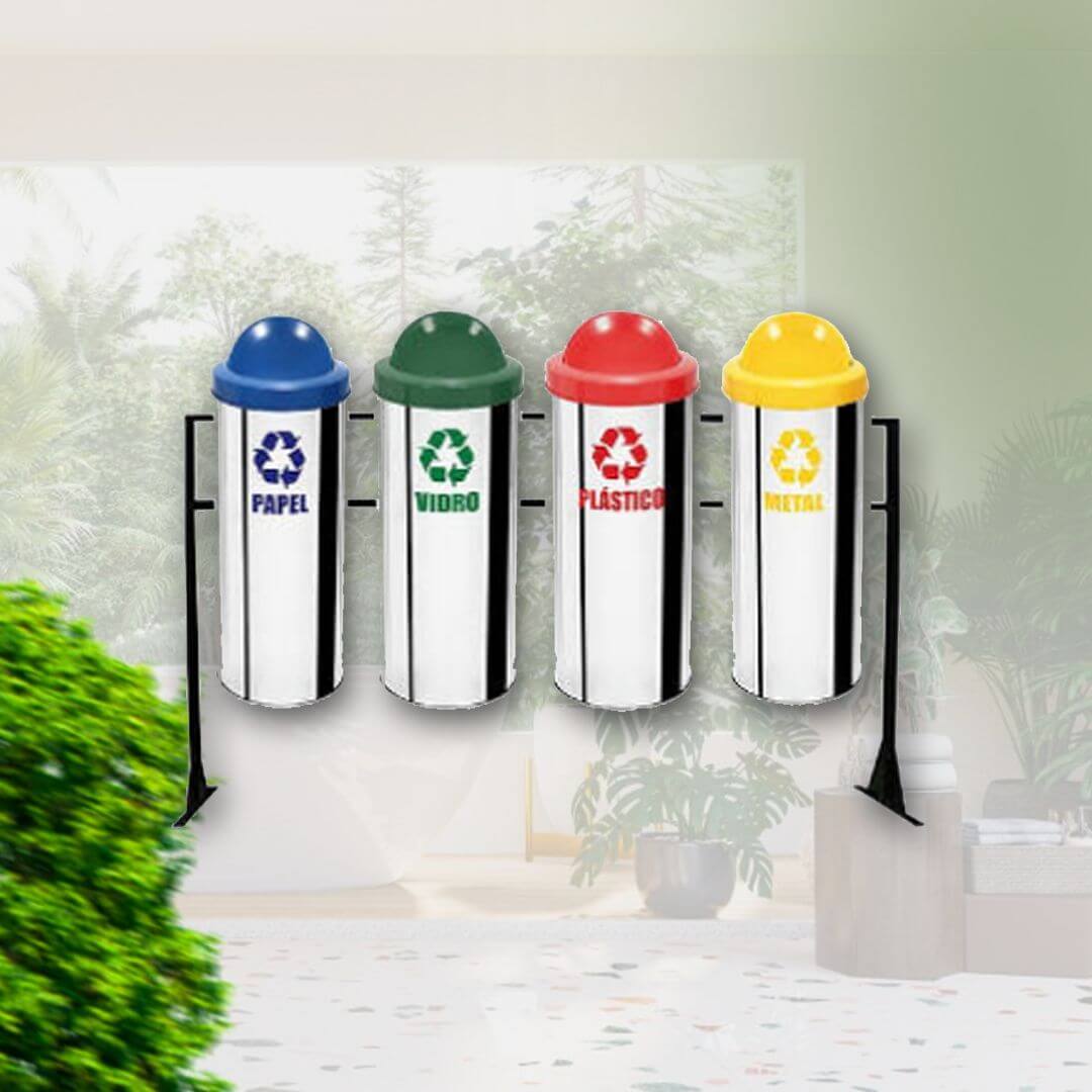 Conjunto 4 Lixeiras Aço Inox Coleta Seletiva com Suporte - Ecobin